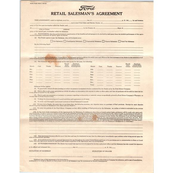 None | Accents | 92s Ford Motor Company Retail Salesmans Agreement Form ...